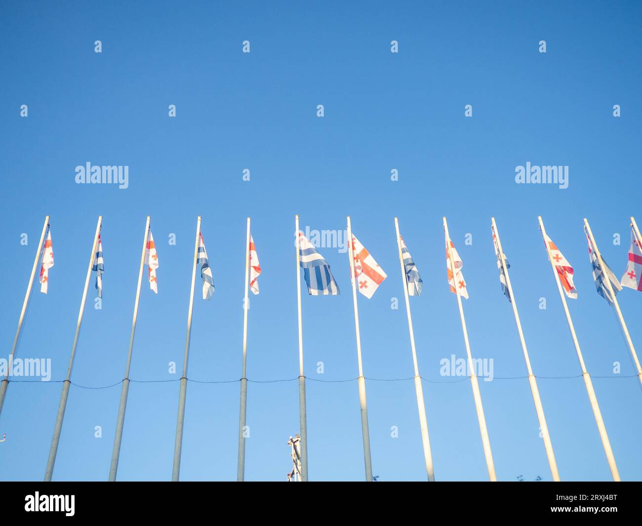 Flags of Georgia and Adjara. Many identical flags on flagpoles ...