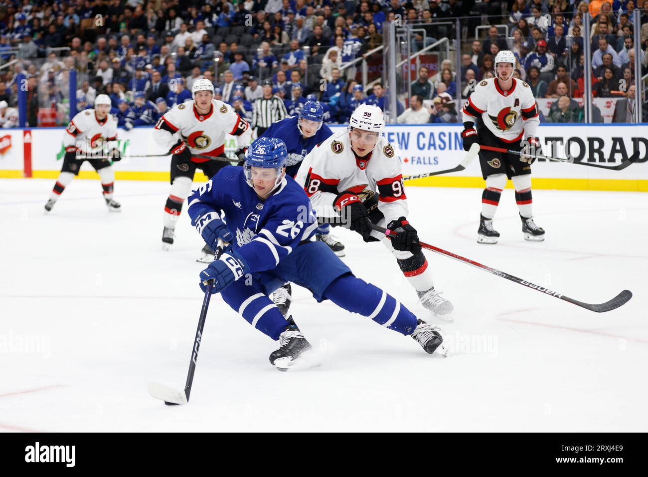 Toronto Maple Leafs center Nick Abruzzese (26) keeps the puck away from ...