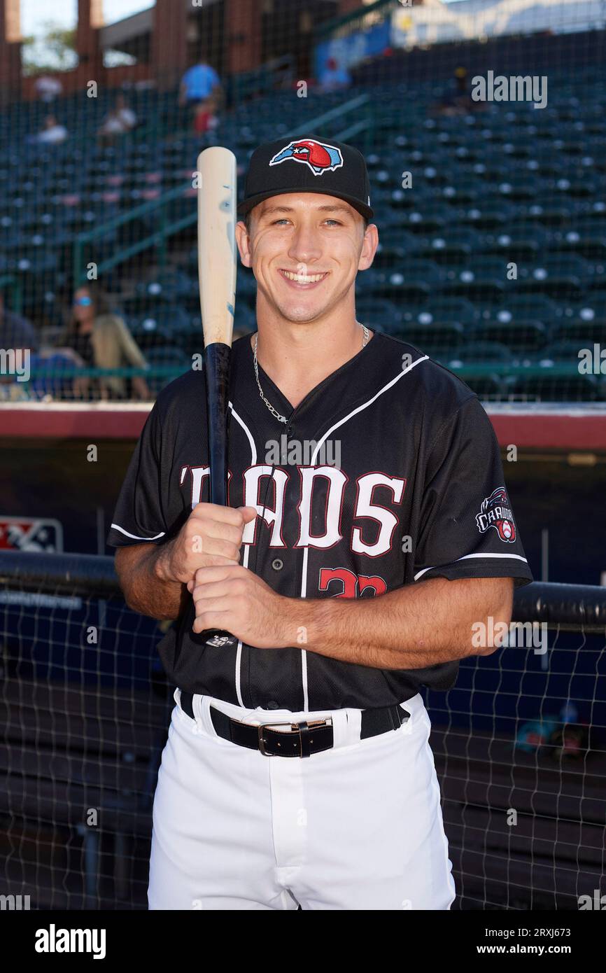 Wyatt Langford (23) of the Hickory Crawdads poses for a photo prior to ...