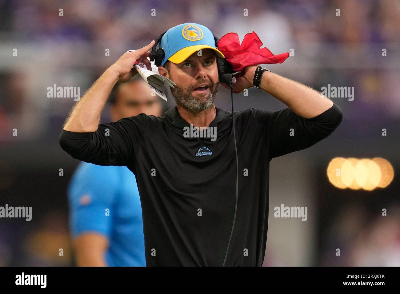 Los Angeles Chargers head coach Brandon Staley walks down the field ...