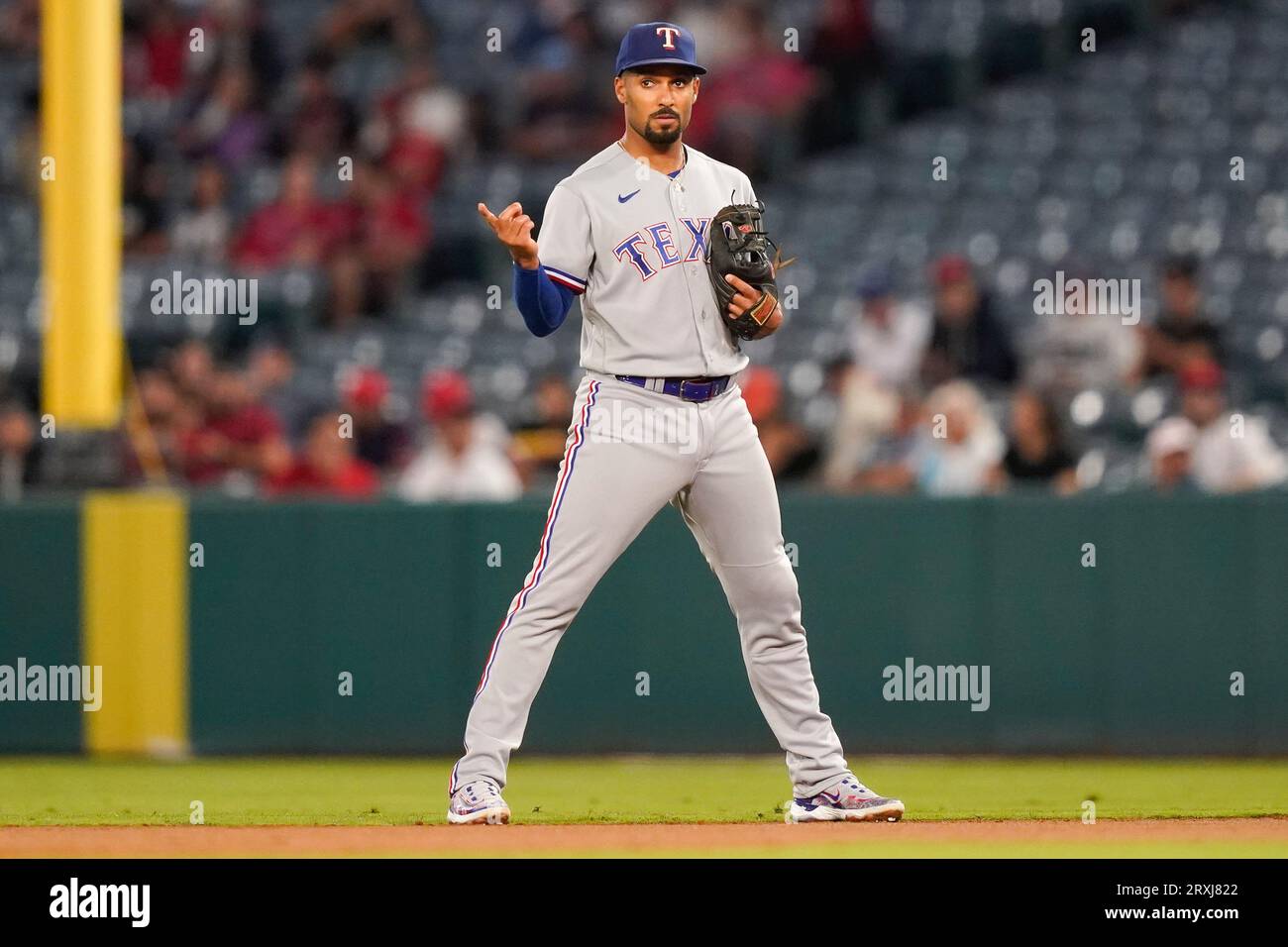 Texas Rangers second baseman Marcus Semien gestures during the first ...