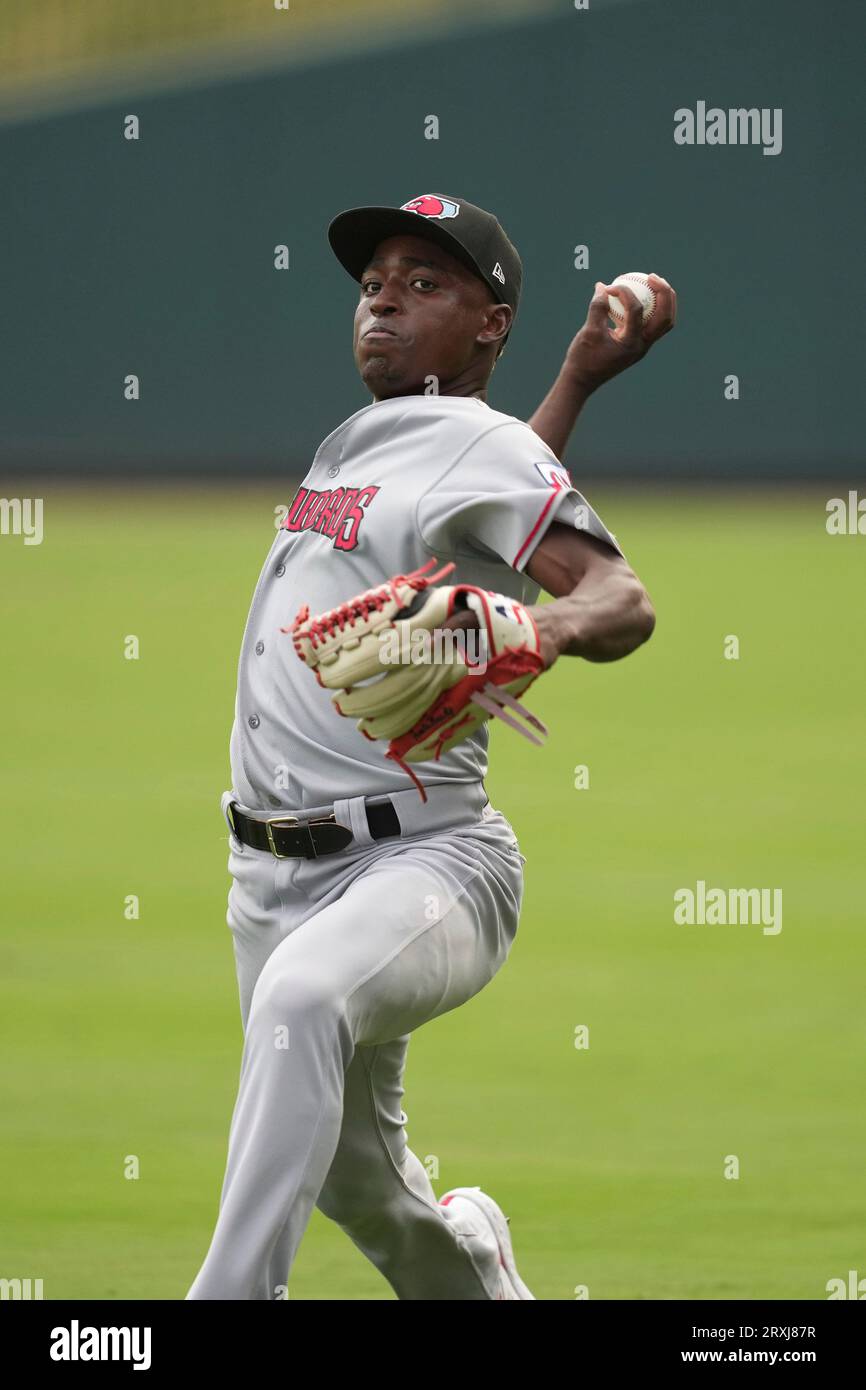 Pitcher Emiliano Teodo (40) of the Hickory Crawdads warms in the South ... Pitcher Emiliano Teodo (40) of the Hickory Crawdads warms in the South ...