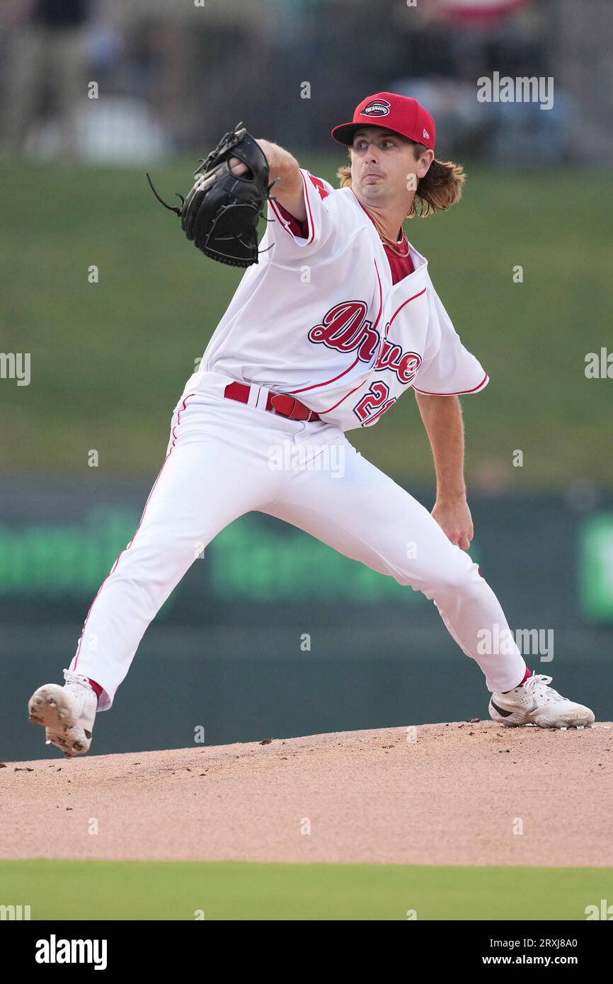 Starting pitcher Dalton Rogers (21) of the Greenville Drive works in ...