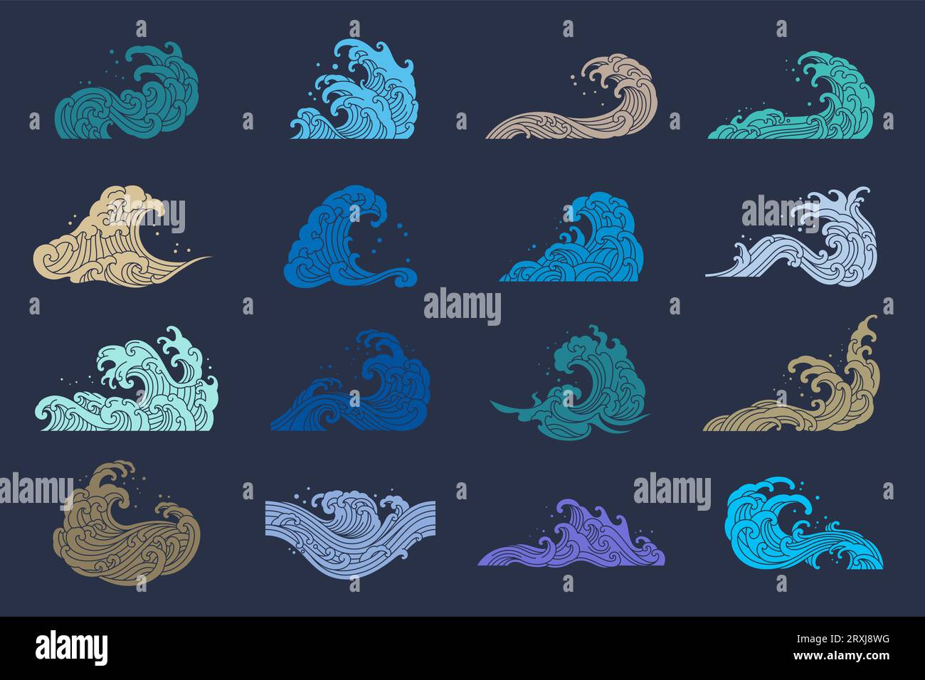 orient sea wave pattern silhouette set vector illustration Stock Vector ...