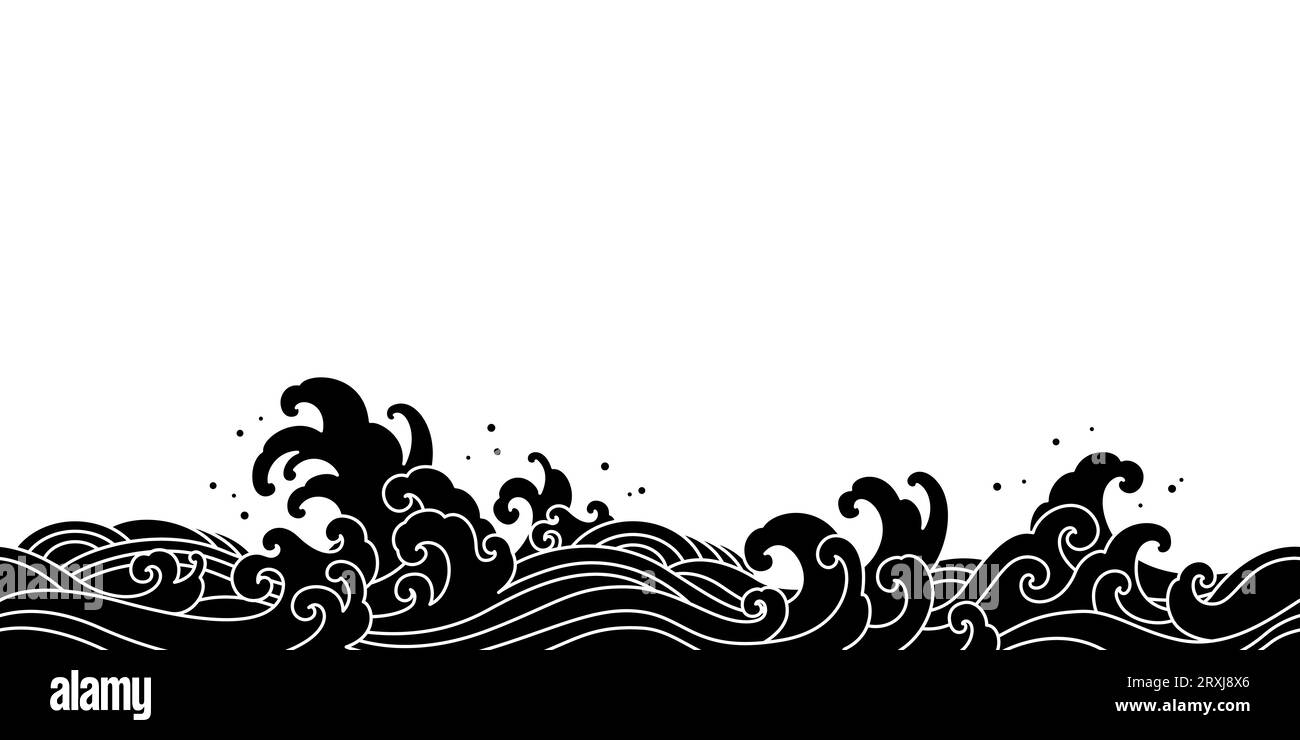 japan ocean sea wave oriental style silhouette seamless pattern vector ...