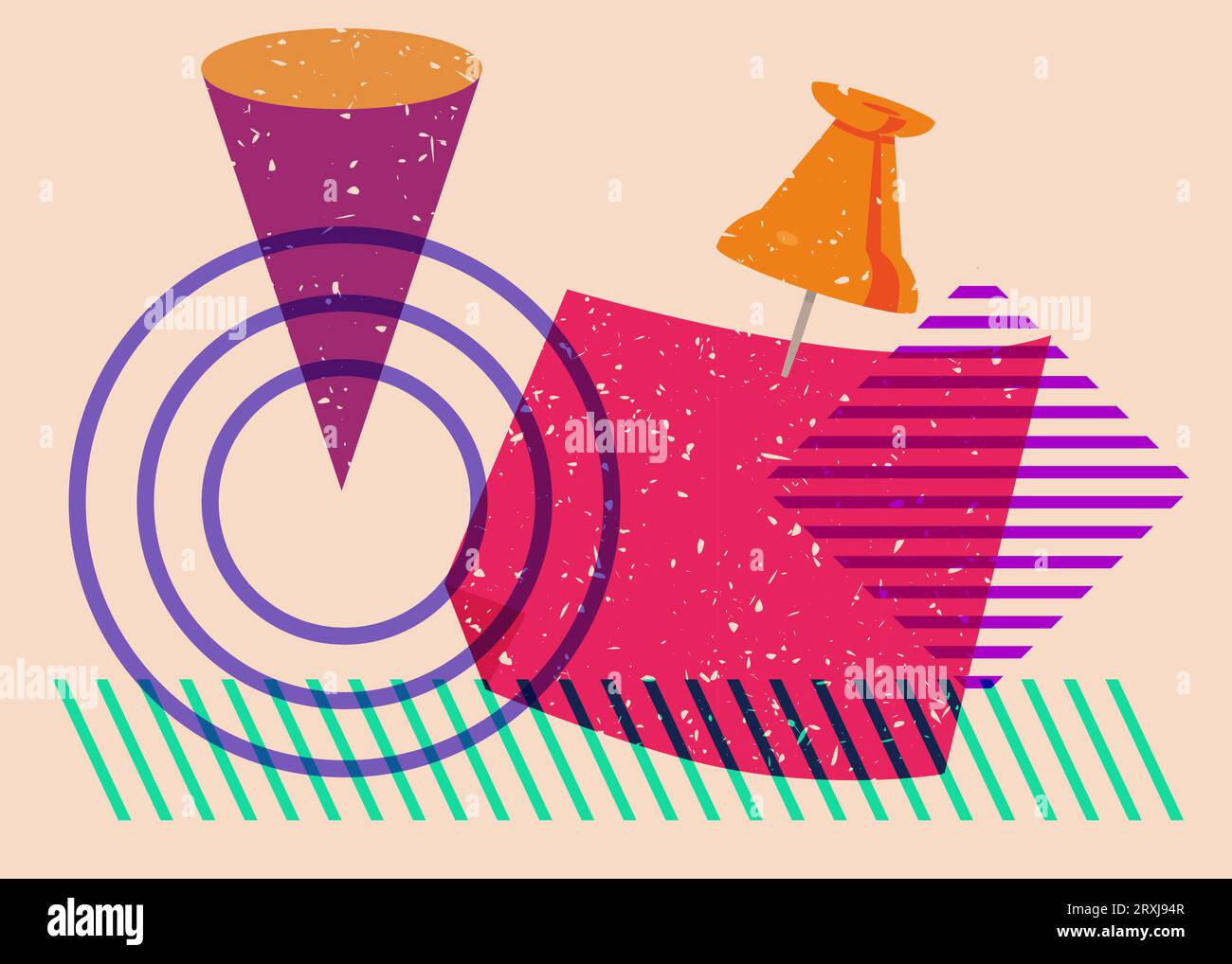 Risograph notepaper with pinned pushbutton with geometric shapes. Object in trendy riso graph ...