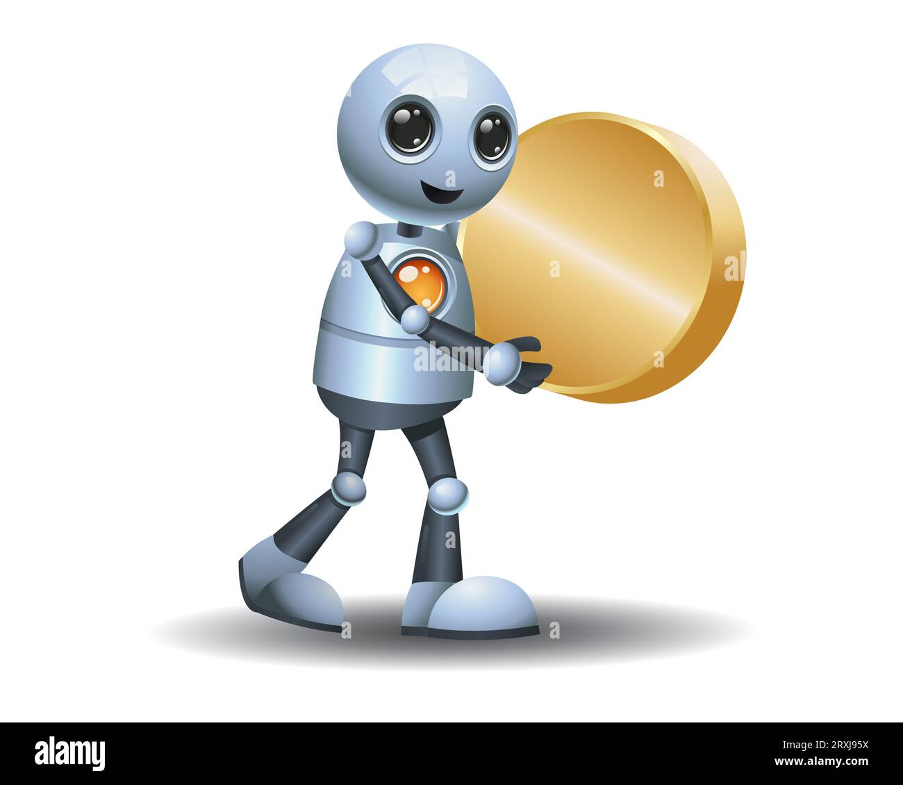 3D illustration of a little robot carying golden coin on isolated white ...