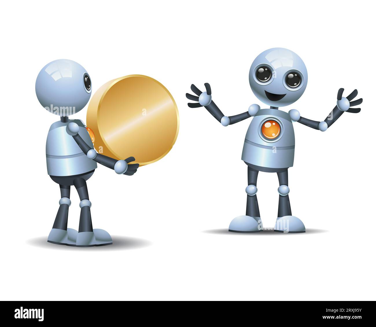3D illustration of a little robot give coin to other robot on isolated ...