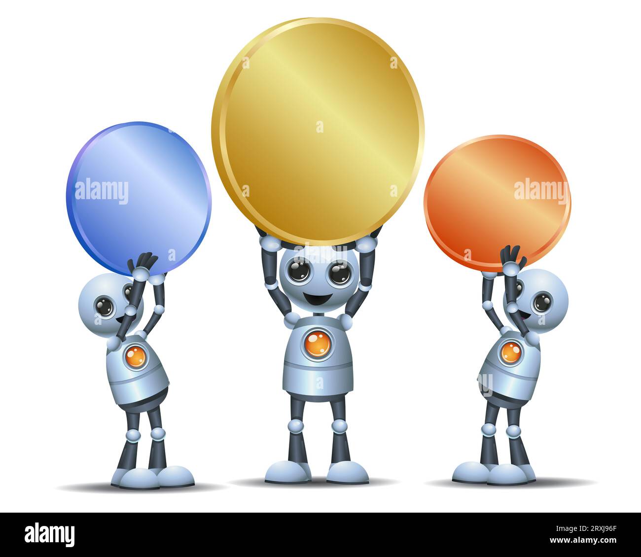 3D illustration of three little robot hold coin on isolated white ...