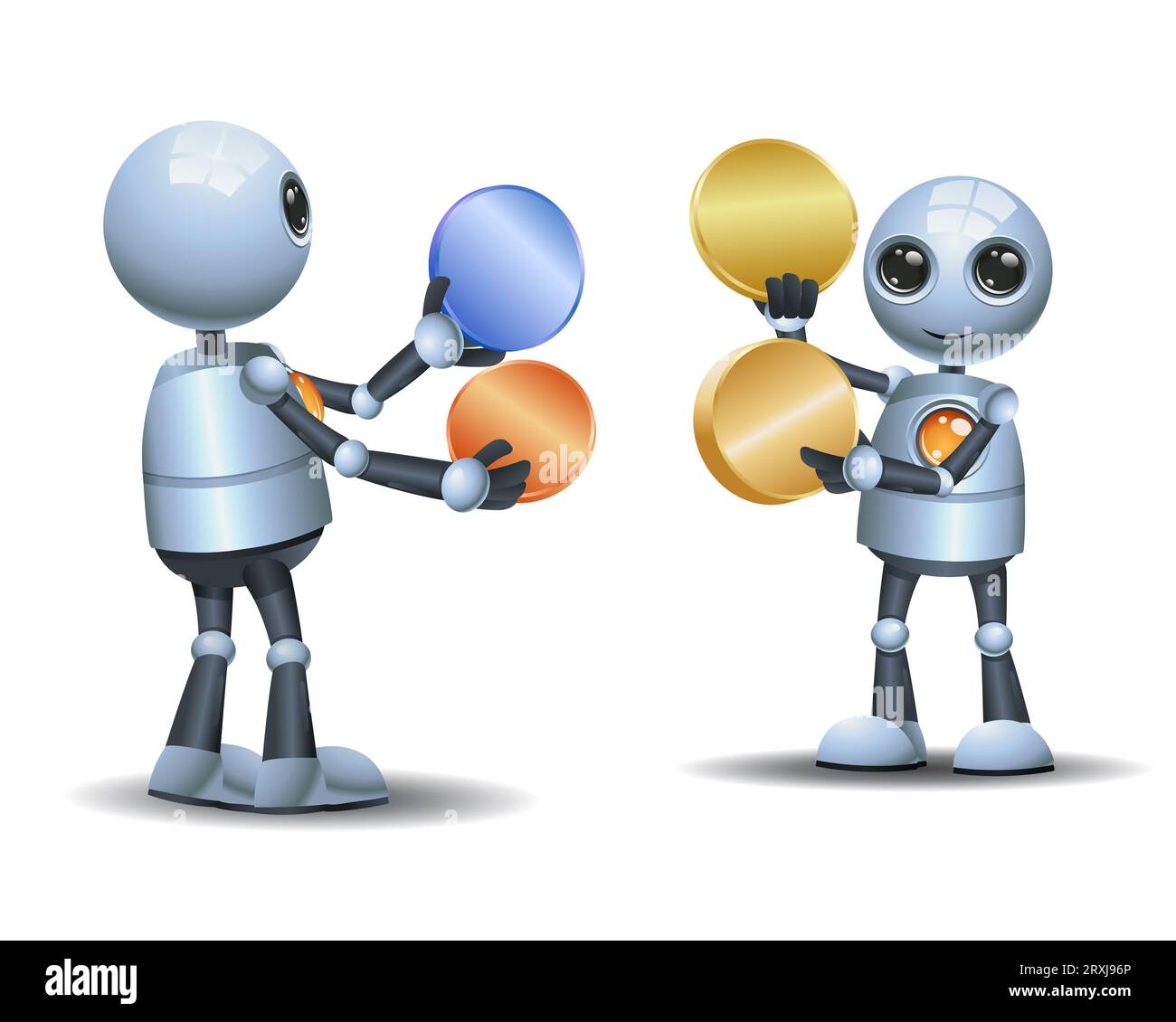 3D illustration of two little robot exchange coins on isolated white ...