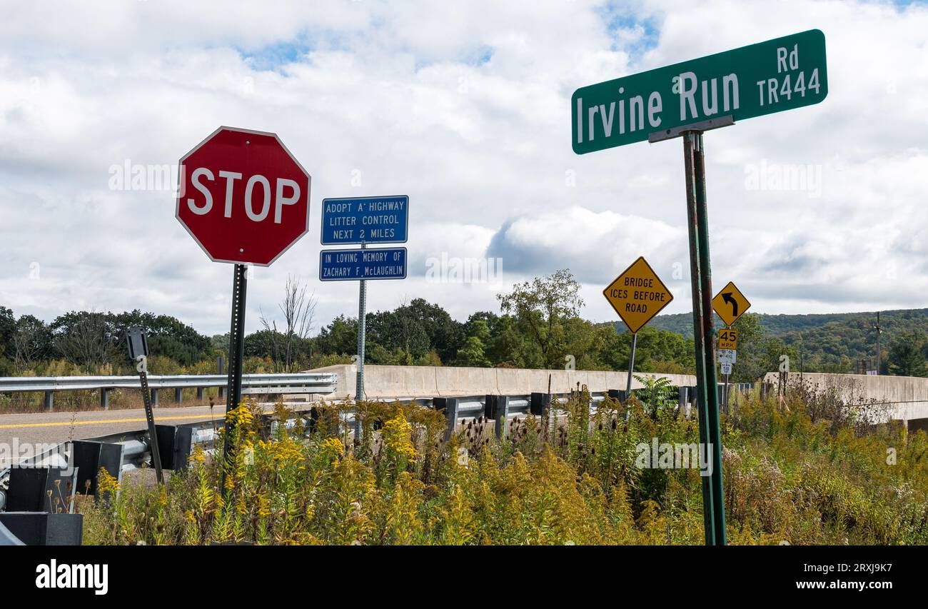 Traffic signs on the side of the road in Brokenstraw Township ...