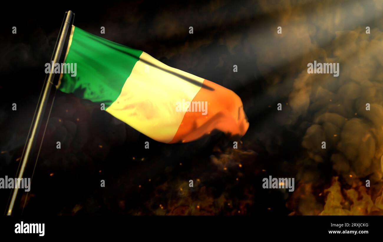 defocused Ireland flag on smoke with sun beams bg - cataclysm concept ...