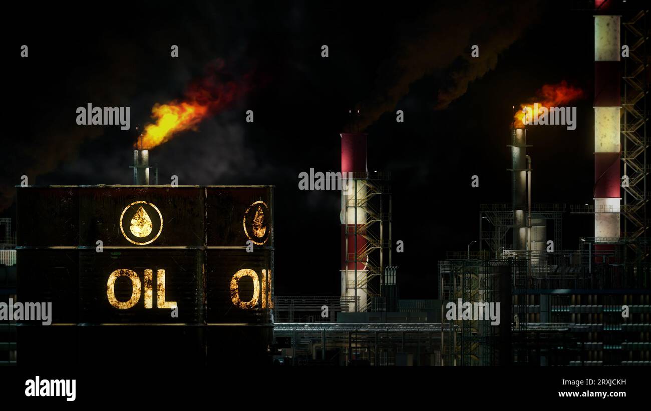 naphtha refinery with oil barrels at night, fictive - industrial 3D ...