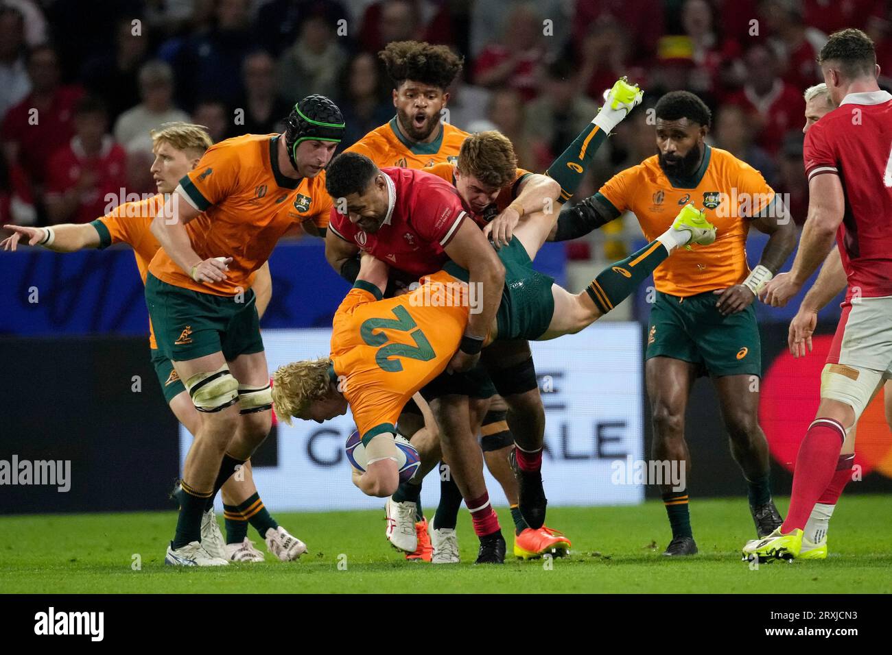 Wales' Taulupe Faletau tackles Australia's Carter Gordon during the ...