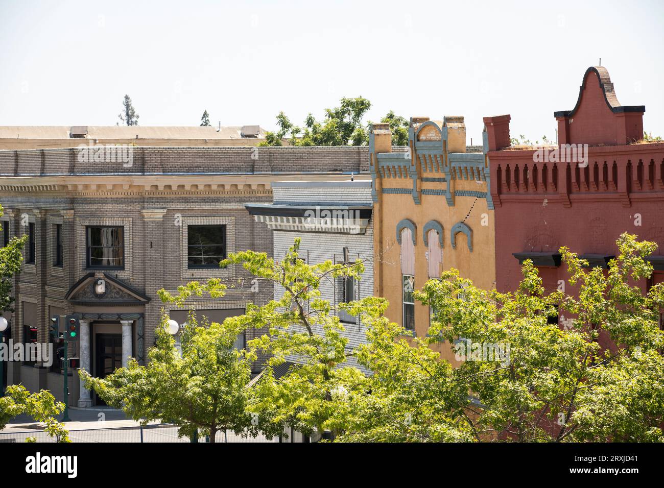 Lodi, California, USA - July 16, 2021: Sunlight shines on the historic ...