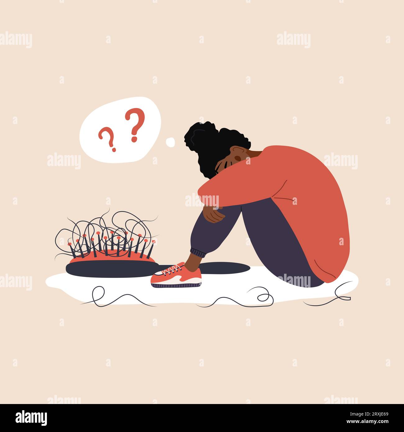 Alopecia concept. Sad african woman loses her hair. Baldness disease ...