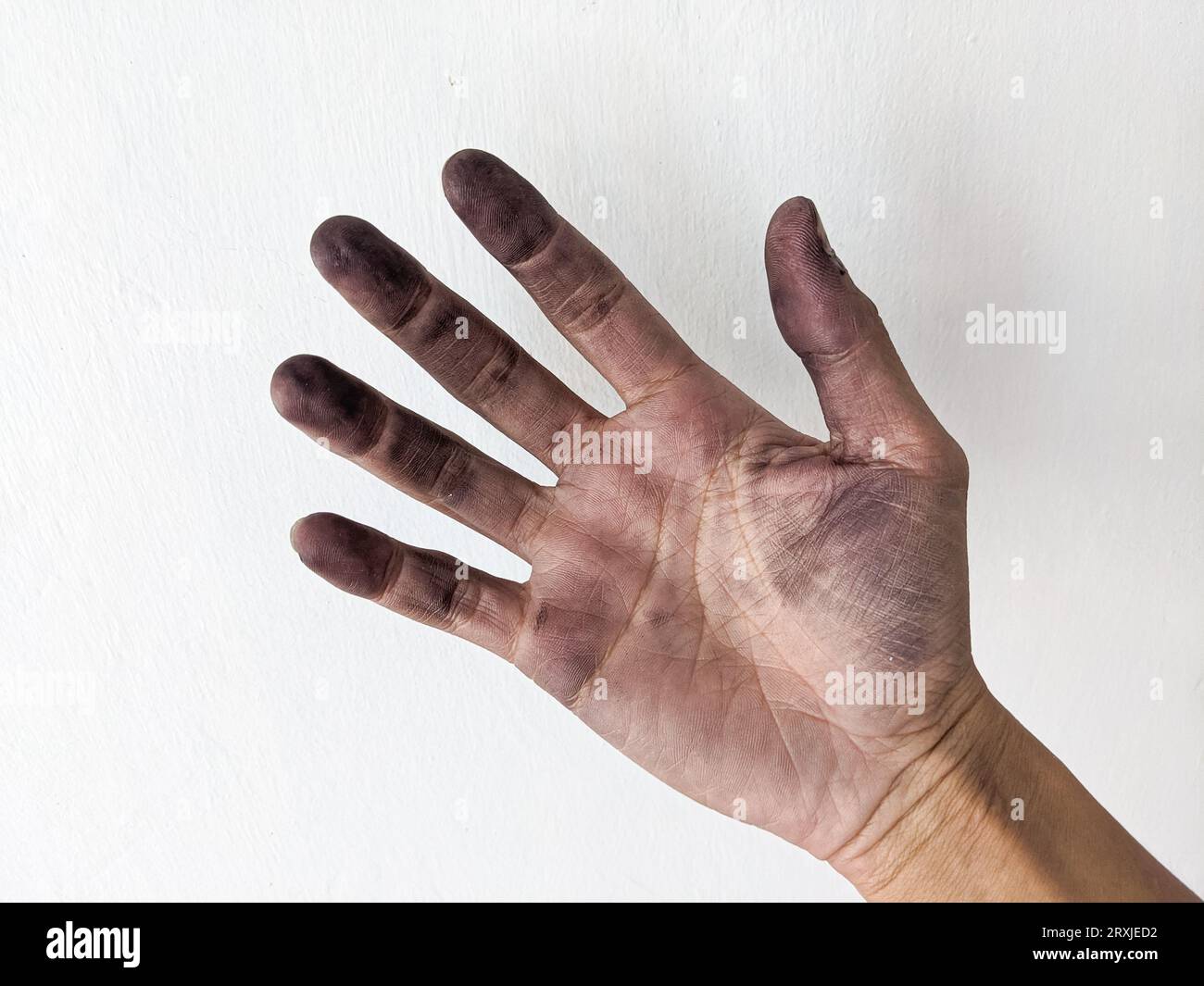 dirty palms stained with black ink, dirty hands after work isolated on ...