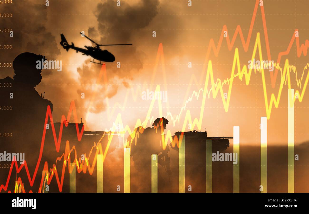 War, finance chart and double exposure for trading, tank or helicopter ...