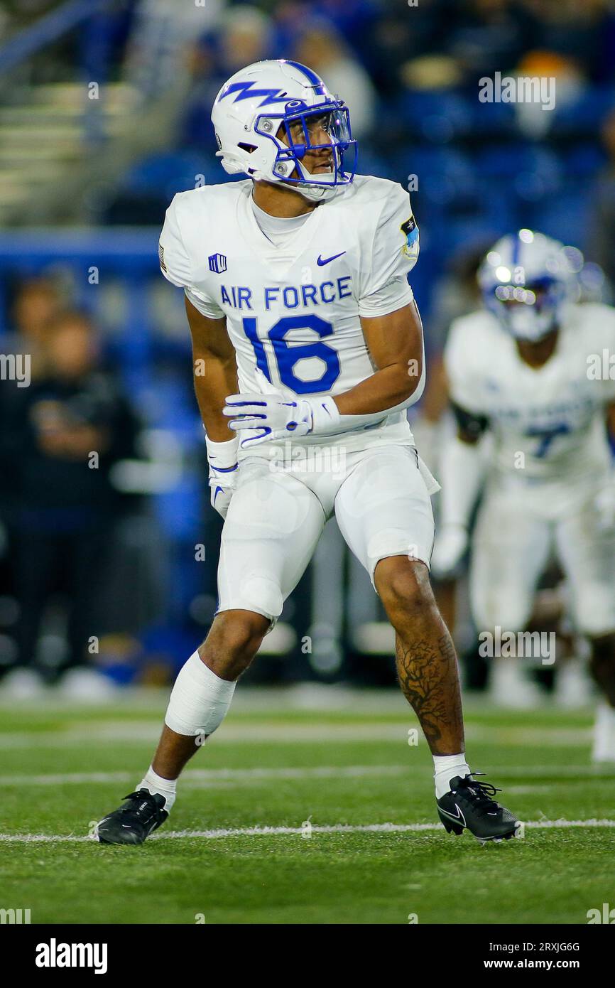 SAN JOSE, CA - SEPTEMBER 22: Air Force SS Jayden Goodwin (16) sees the ...