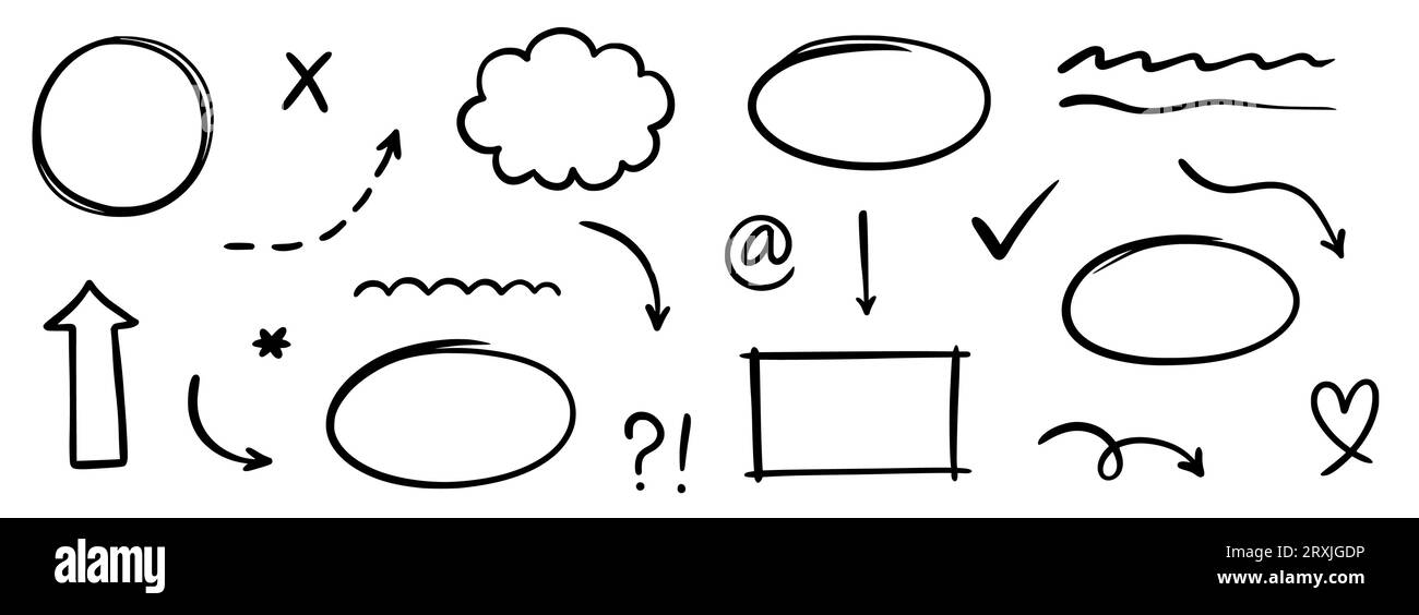 Hand drawn line arrow, sketch underline, round frame element set ...