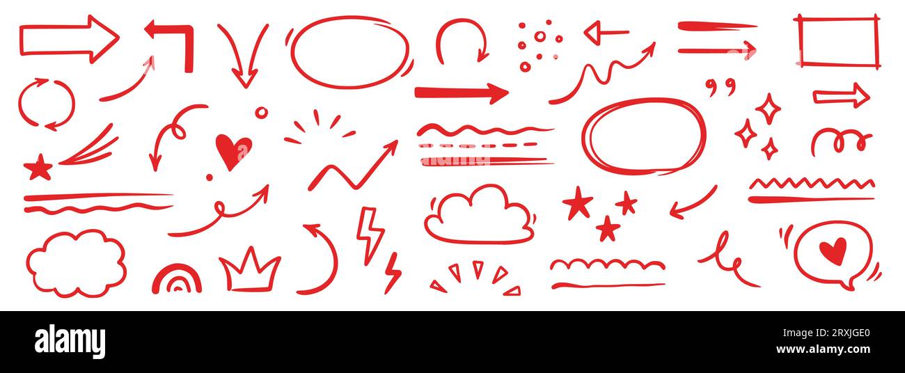 Hand drawn red line star sparkle, emphasis, underline element set. Hand ...