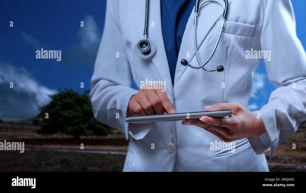 Female doctor with stethoscope using a tablet. World Aids Day concept ...