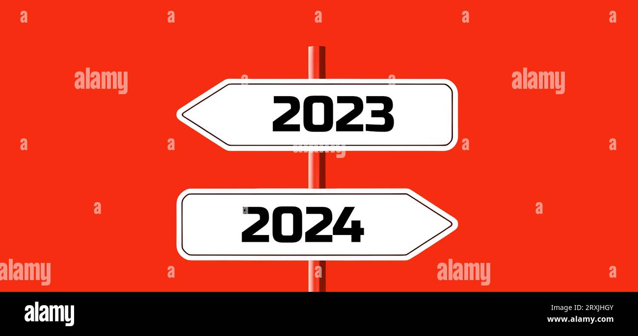 Road sign with 2023-2024 change on red background. Happy New Year 2024 ...
