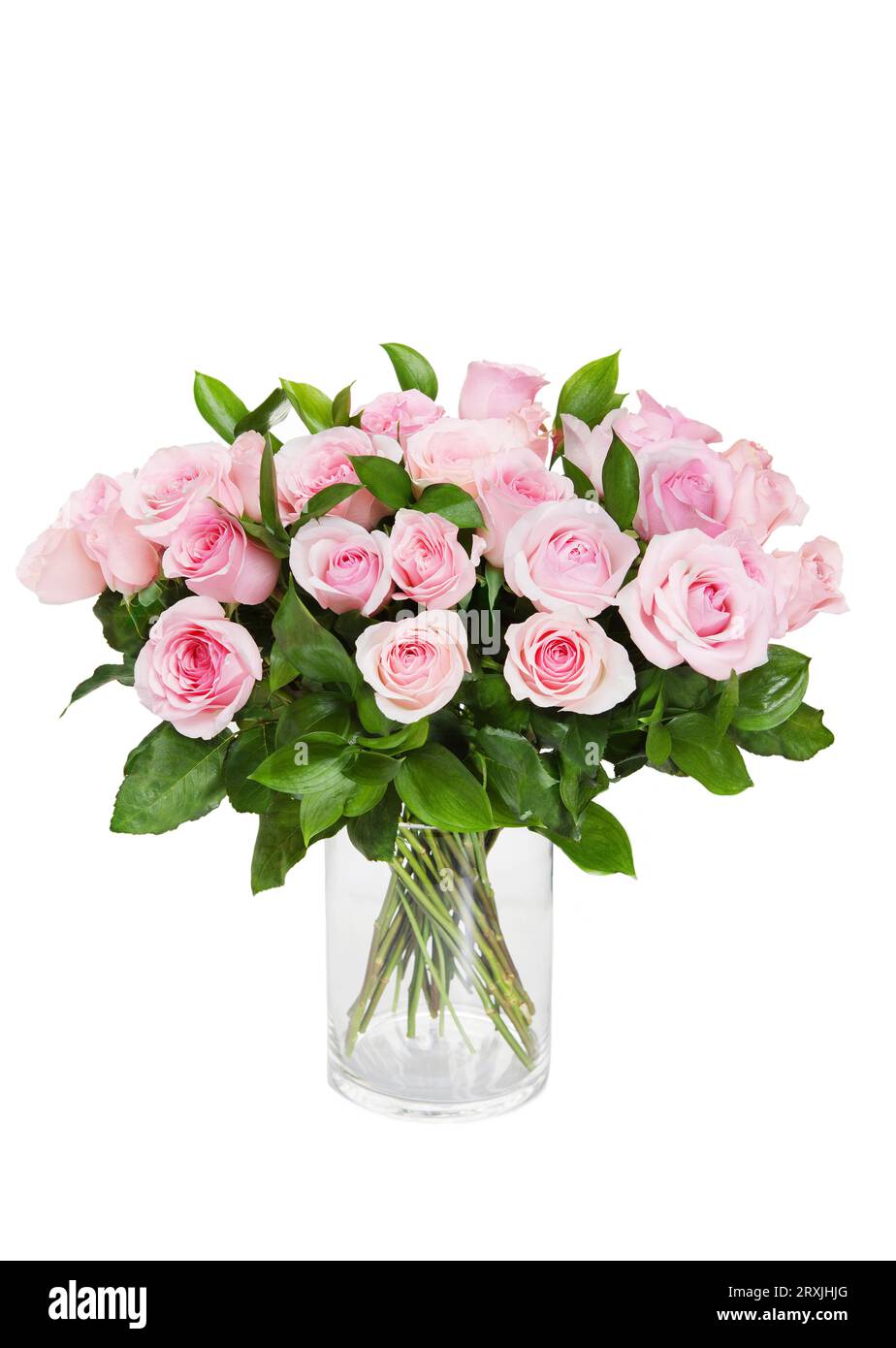 Beautiful huge bouquet of pink roses in vase isolated on white ...