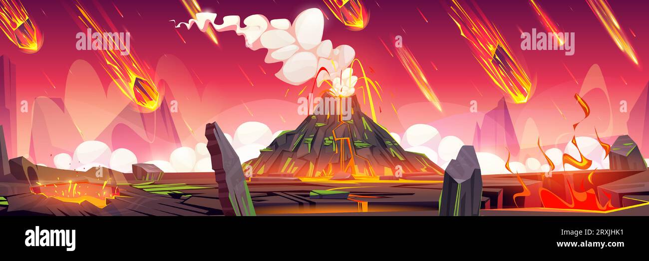 Volcano lava eruption vector cartoon background. Prehistoric volcanic ...