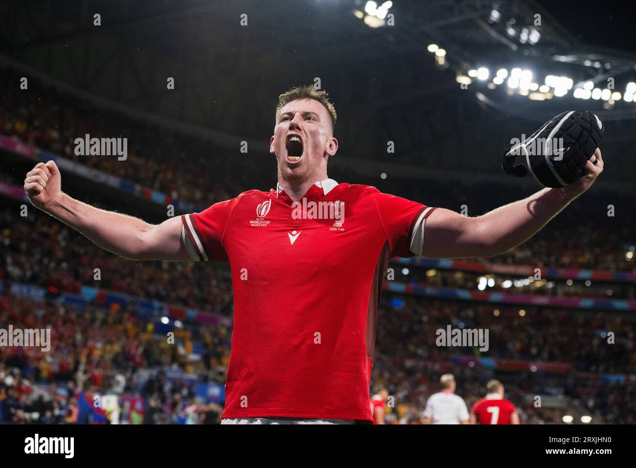 Adam Beard(WAL) celebrate at the end of the 2023 Rugby World Cup Pool C ...