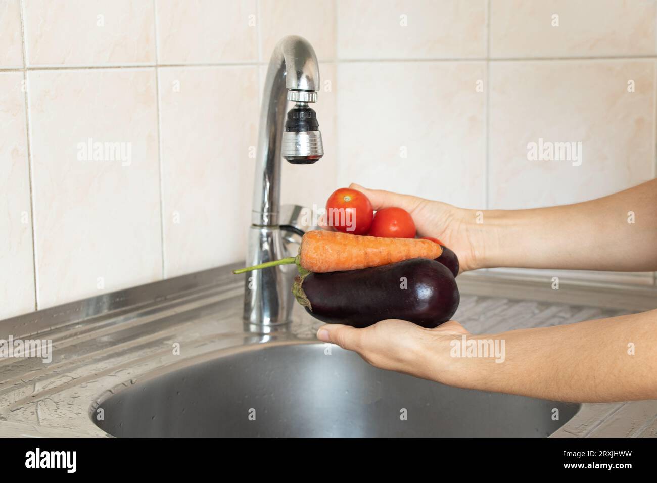 A girl washes eggplant and tomatoes and carrots under the kitchen ...