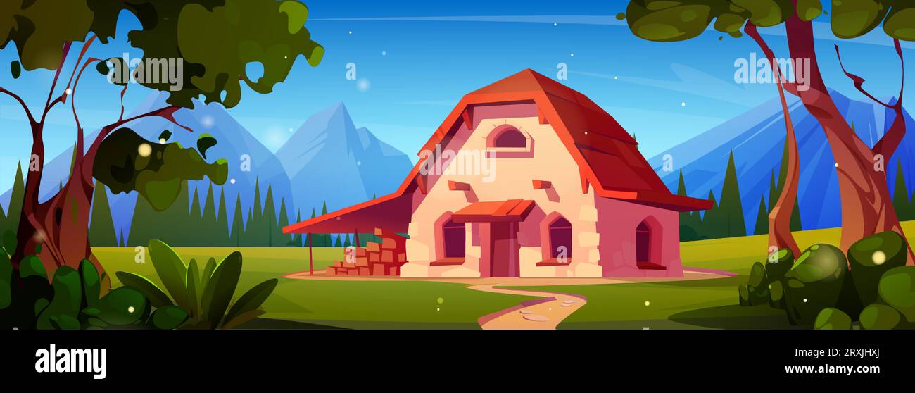 Country house surrounded by forest and rocky mountains. Cartoon vector ...