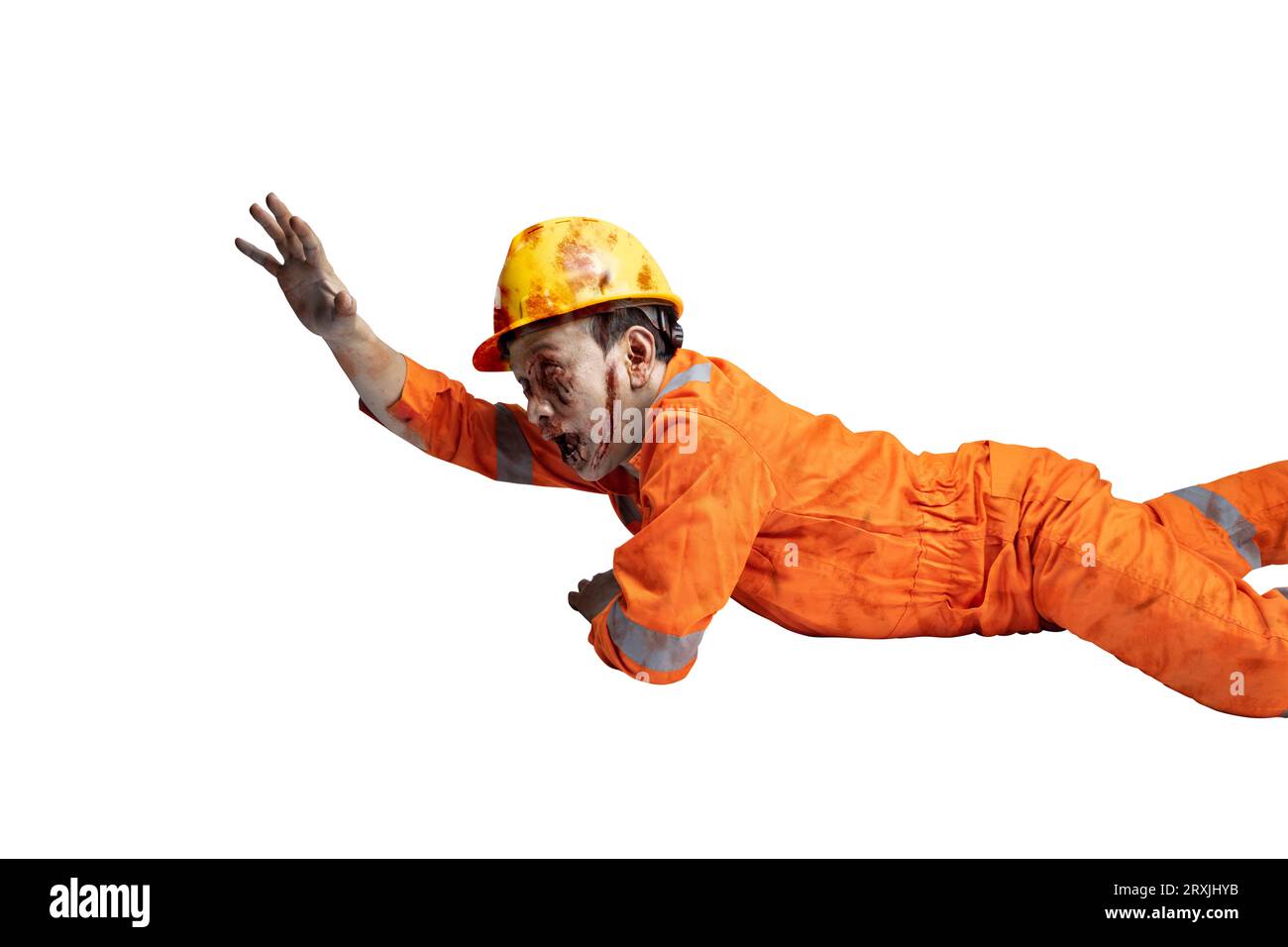 A scary construction worker zombie with blood and wounds on his body ...