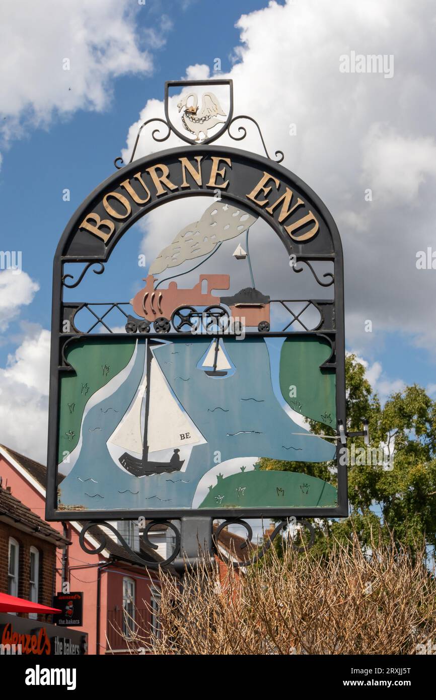 Sign for Bourne End a village on the River Thames in Buckinghamshire ...