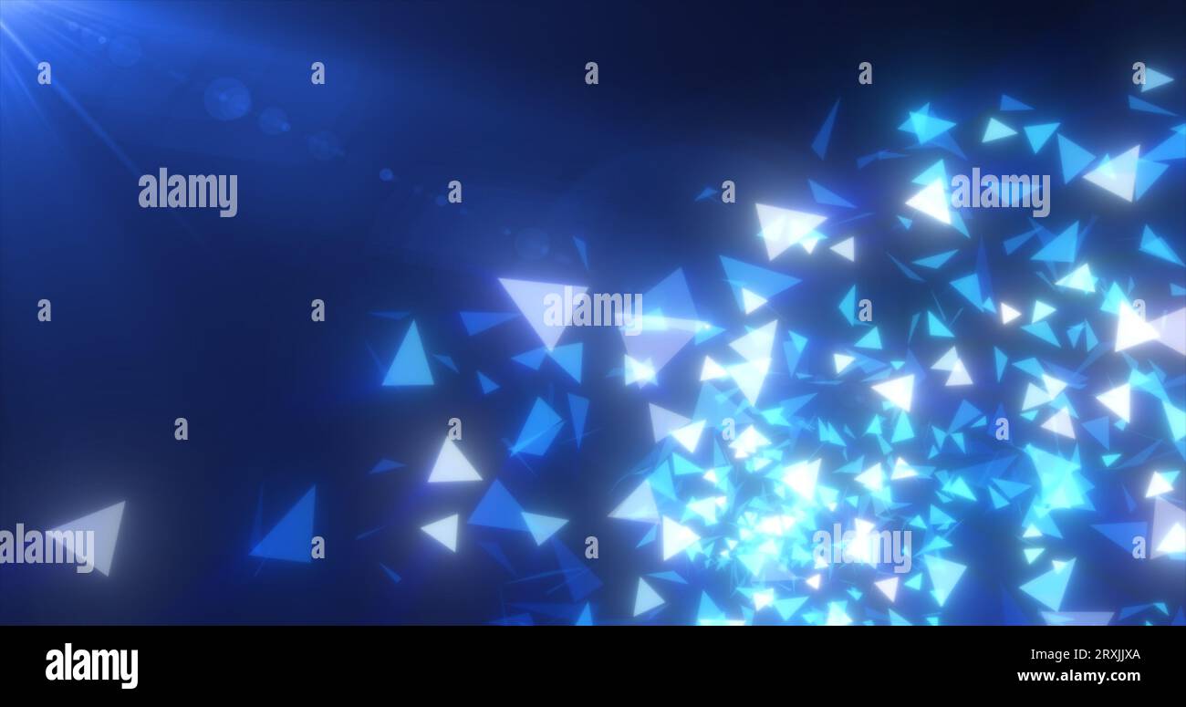 Abstract flying small blue luminous fragments bright glass triangles ...