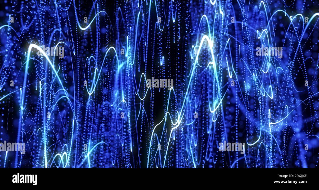 Abstract background blue from pixel particles and lines flying in waves ...
