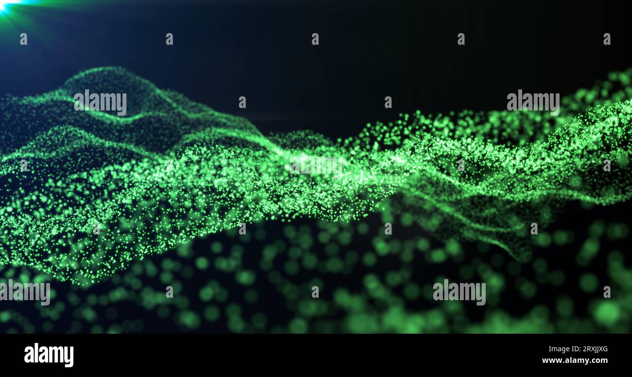 Futuristic abstract green glowing wave lines from dots and particles of ...