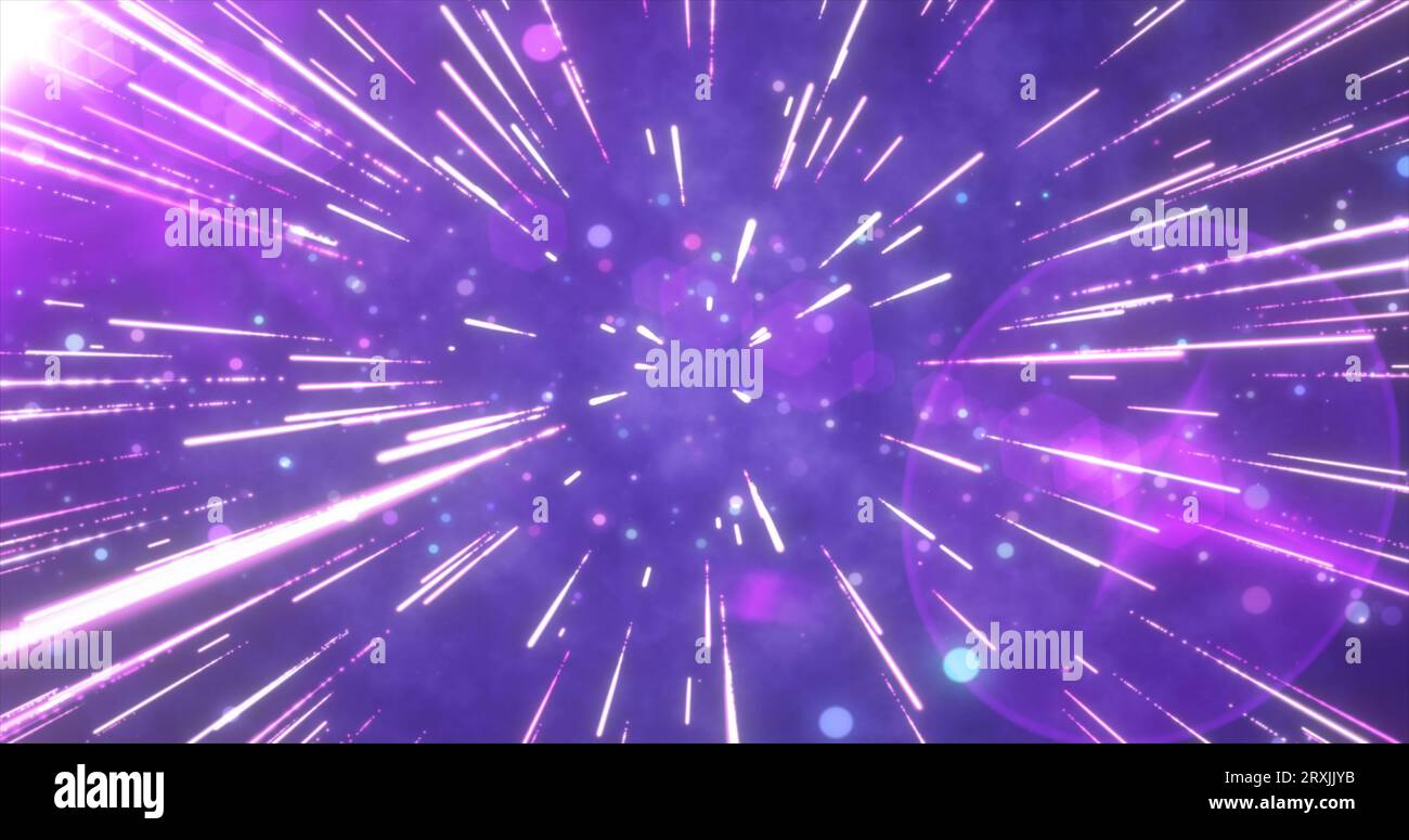 Abstract purple flying stars bright glowing in space with particles and ...