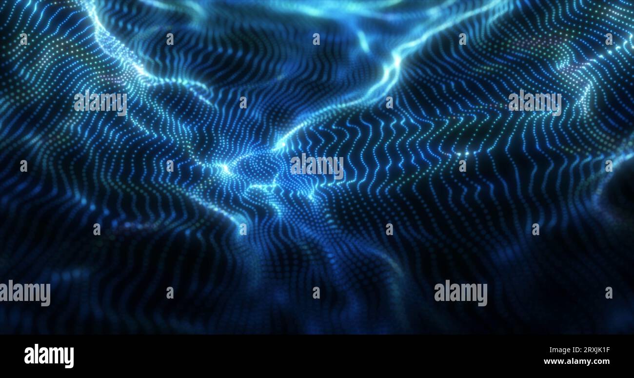 Abstract blue futuristic waves from a grid of particles lines glowing ...