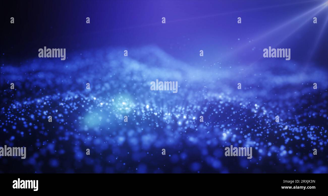 Abstract blue glowing energy waves from particles and magical dots with ...