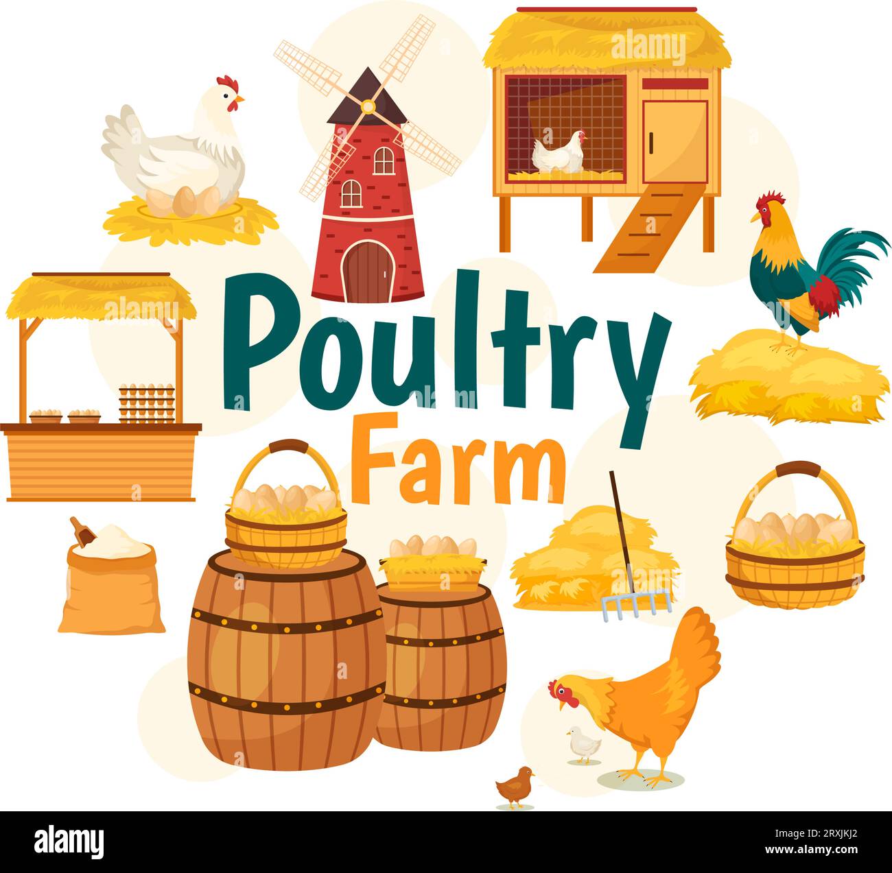 Poultry Farm Vector Illustration with Chickens, Roosters, Straw, Cage ...