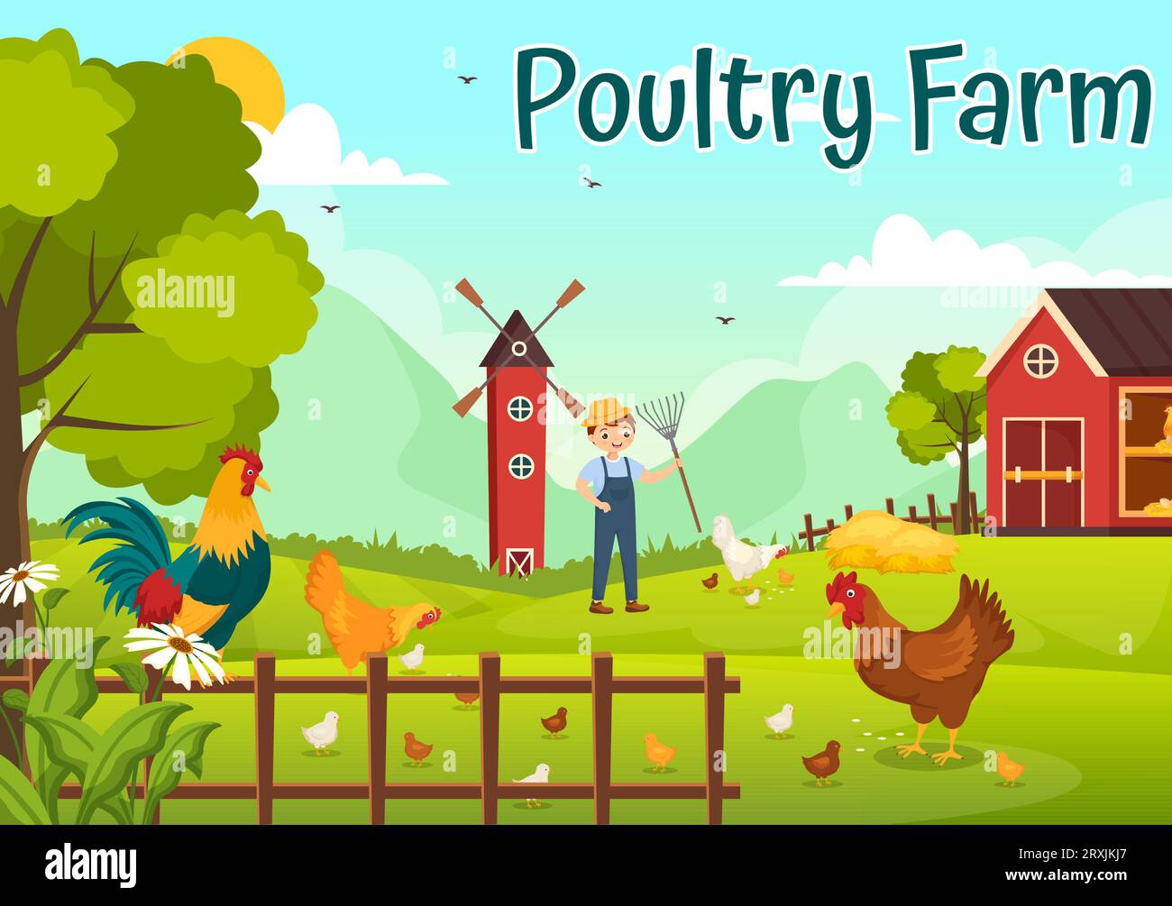 Poultry Farm Vector Illustration with Chickens, Roosters, Straw, Cage ...