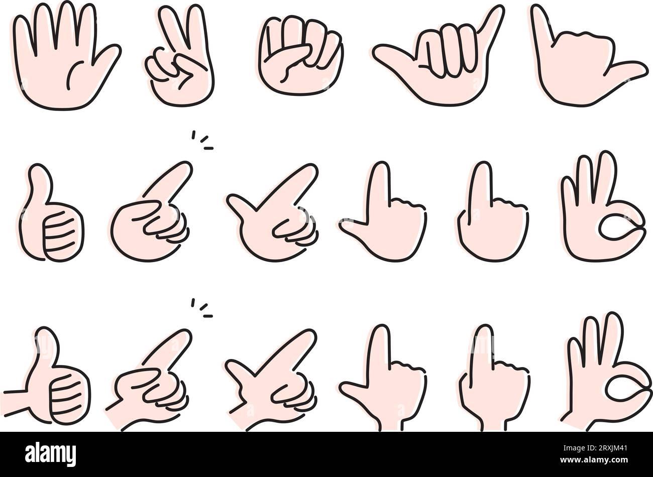 Color icon set with black outline of various hand signs. Hand poses ...