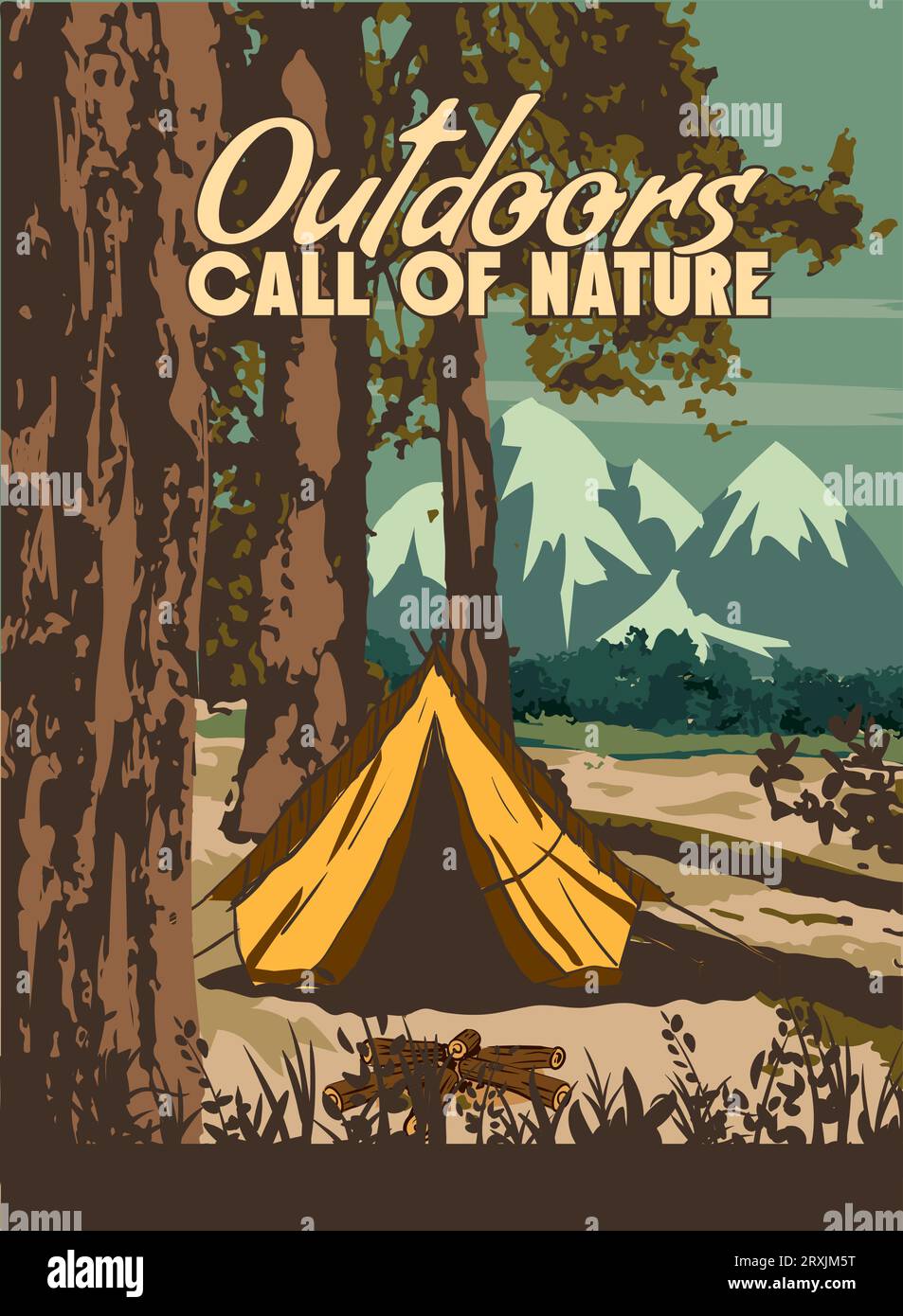 Outdoors Call of Nature poster retro, camping outdoor travel. Tourism ...