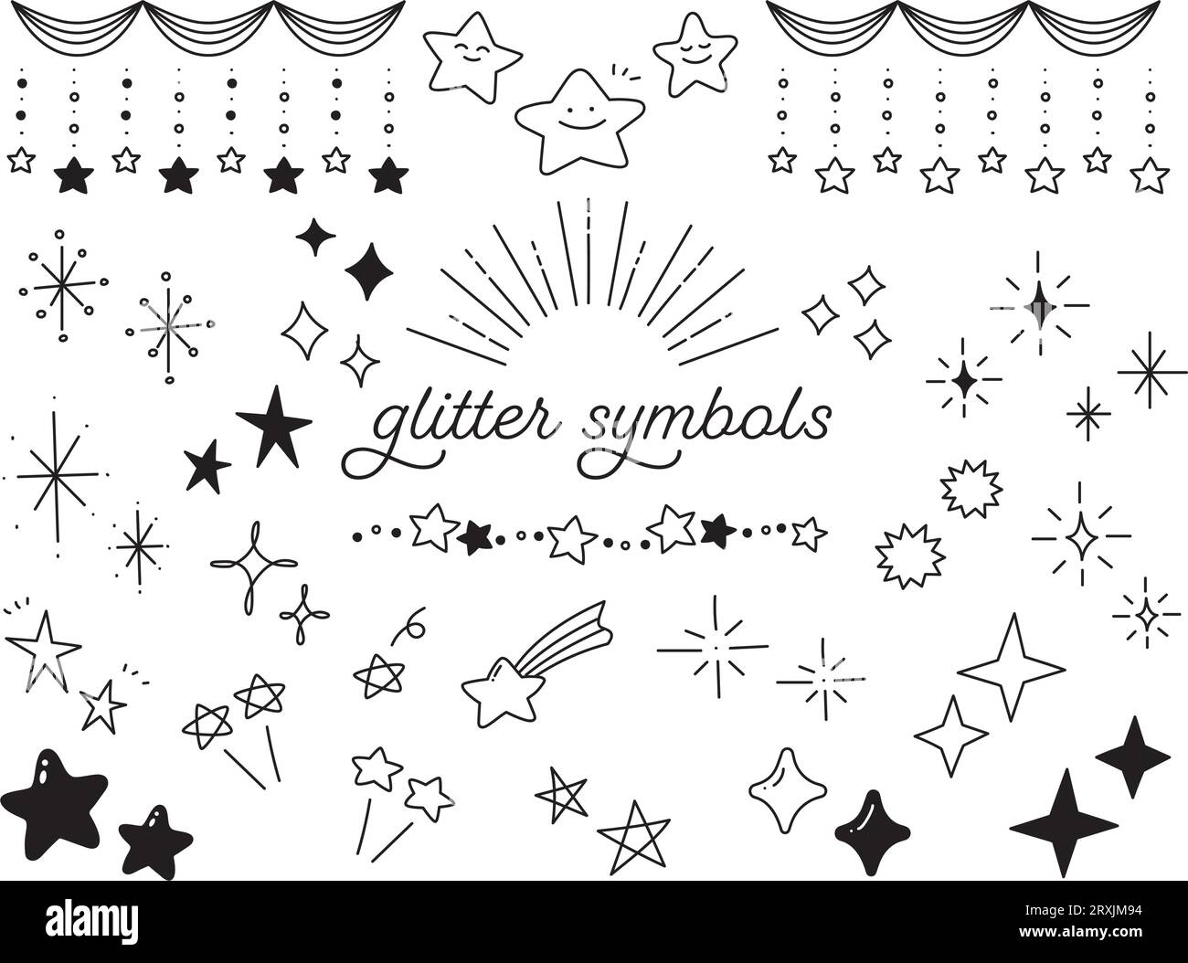 Cute monochrome glitter and stars illustration set. Line drawings with ...
