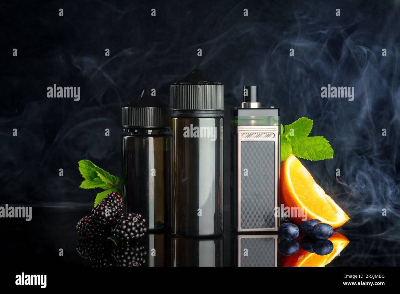 Vape and smoking liquid with fruit against black background with smoke ...