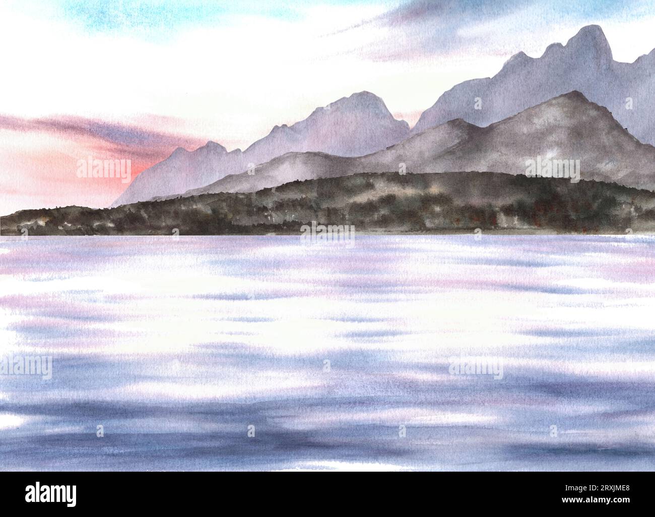 Nautical watercolor landscape. Adriatic seascape with sunset sky ...