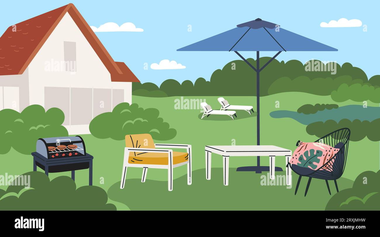 Backyard relax. Cozy house yard. Summer garden furniture or recreation ...