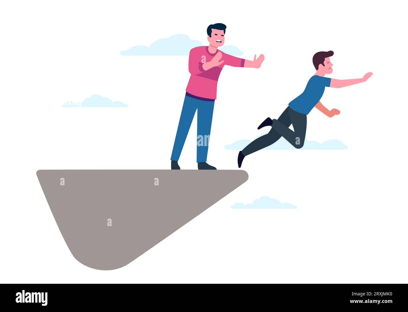 Betrayal or competition at work. Man throwing another off cliff. Guy ...