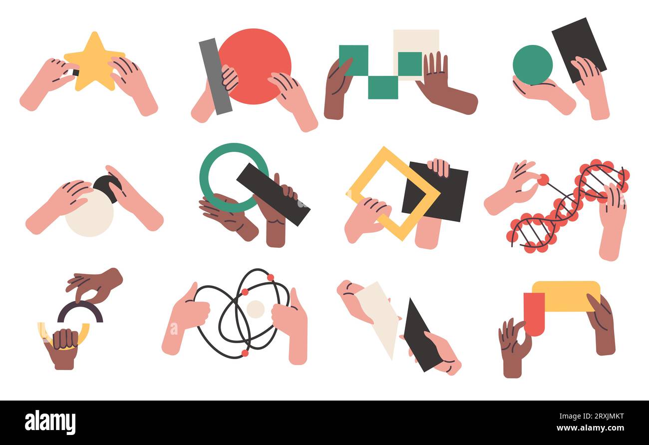 Cartoon hands holding geometric shapes. Human arms collect puzzles and ...